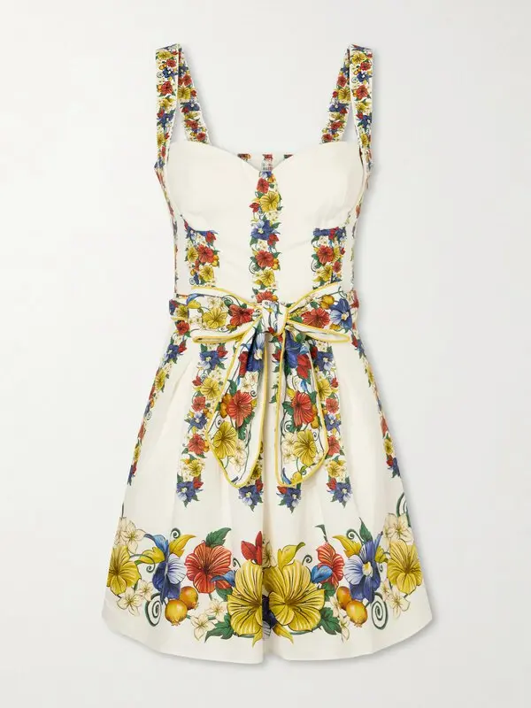 Farm Rio Belted Printed Linen-blend Mini Dress