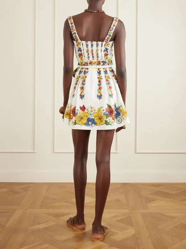 Farm Rio Belted Printed Linen-blend Mini Dress