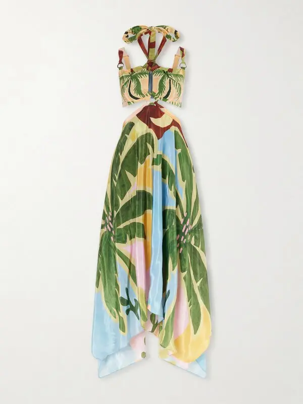 Farm Rio Tropical Painting Cut-out Satin-jersey Midi Dress - Multi