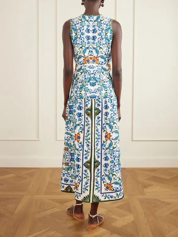 Farm Rio Flora Tile Floral-print Linen Midi Dress - Neutrals