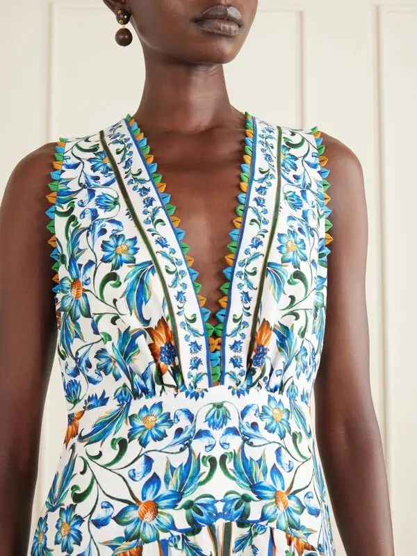 Farm Rio Flora Tile Floral-print Linen Midi Dress - Neutrals