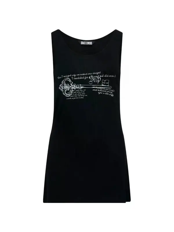 GRACE ELWOOD Sleeveless Crew Neck Top With Key And Slogan Print - Black