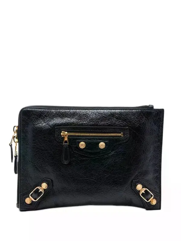 Balenciaga 2016 Lambskin Motocross Giant 12 Zip Around Flat Clutch Bag - Black