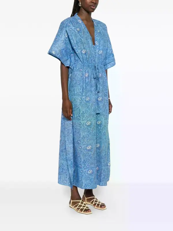 ELLEBLEU Floral Print V-neck Kaftan Dress With Drawstring Waist