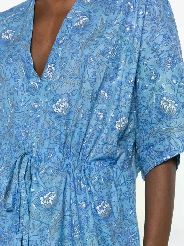 ELLEBLEU Floral Print V-neck Kaftan Dress With Drawstring Waist