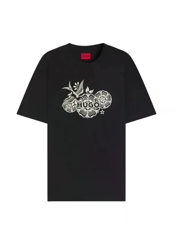 Hugo Flora-print Logo-detail T-shirt - Black