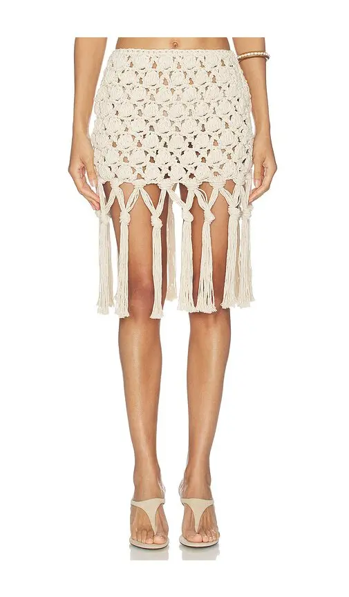 Balmain Crochet Cotton Knit Skirt With Fringe Hem - Beige