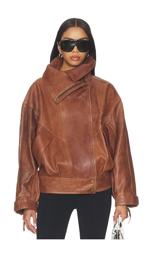 Balmain High Collar Lambskin Blouson In Maroon In . Also - Brown