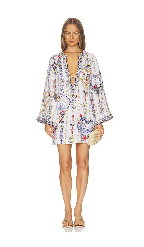 Camilla Deep V Neck Hardware Short Kaftan - Blue
