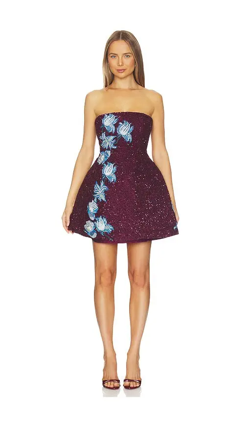LA FUORI Embellished Floral Embroidered Strapless Mini Dress - Wine