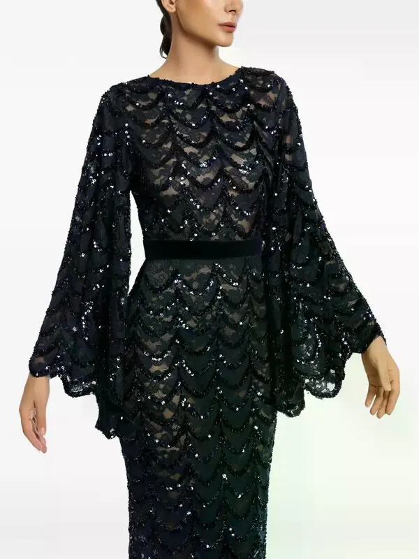 MIAU BY CLARA ROTESCU Navy Sequin Gown With Bell Sleeves - Blue