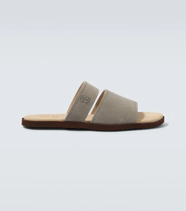 Brunello Cucinelli Suede Logo Sandals - Grey