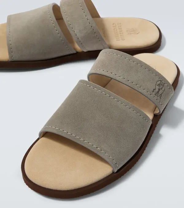 Brunello Cucinelli Suede Logo Sandals - Grey