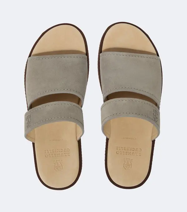 Brunello Cucinelli Suede Logo Sandals - Grey