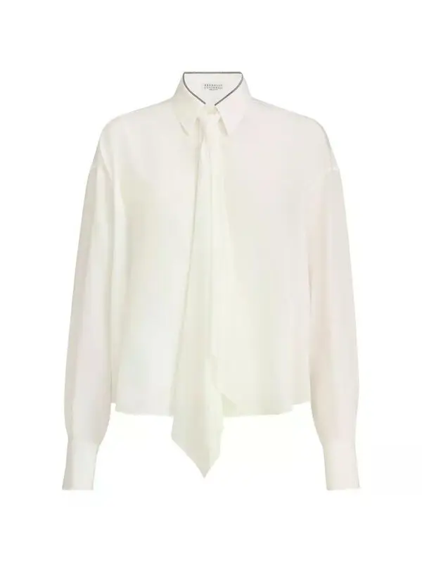 Brunello Cucinelli Silk Crêpe De Chine Shirt With Tie And Embellished Collar - White