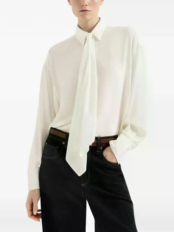 Brunello Cucinelli Silk Crêpe De Chine Shirt With Tie And Embellished Collar