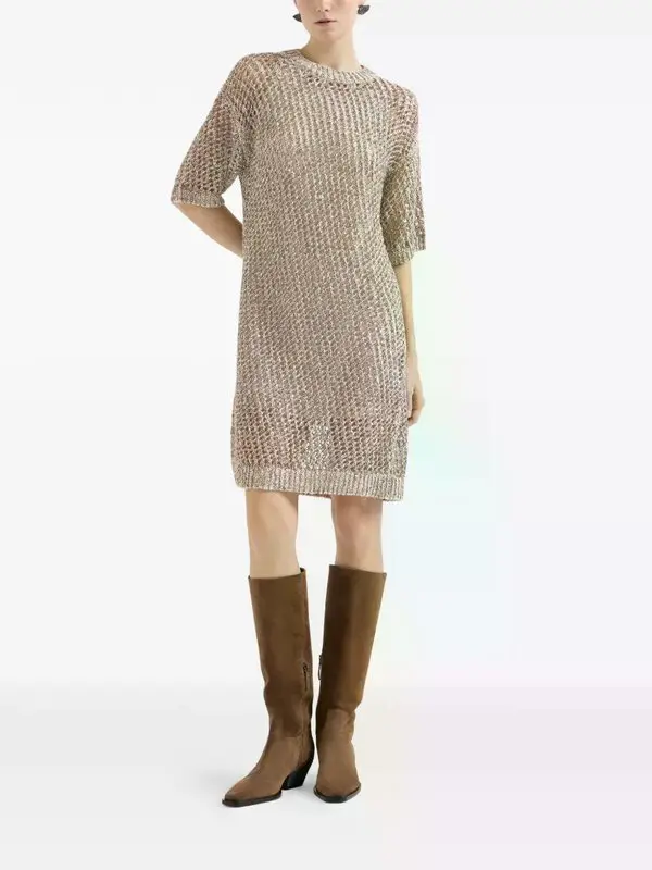 Brunello Cucinelli Silk And Linen Chiné Net Knit Dress - Neutrals