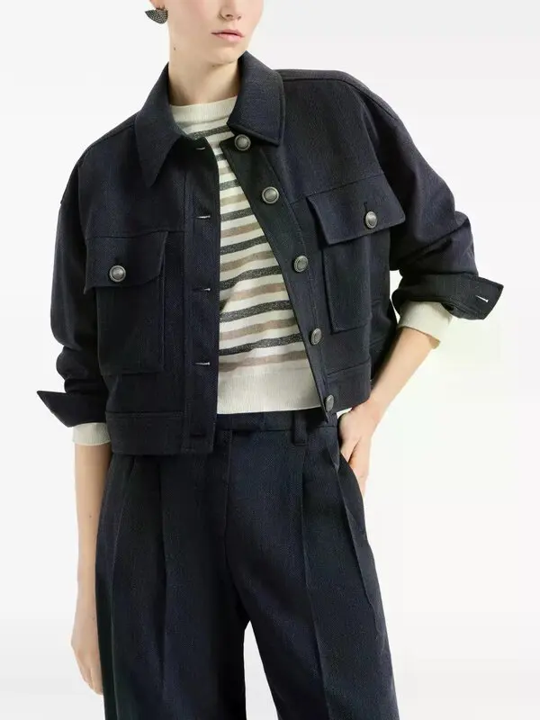Brunello Cucinelli Virgin Wool Crêpe Chevron Cropped Jacket With Monili