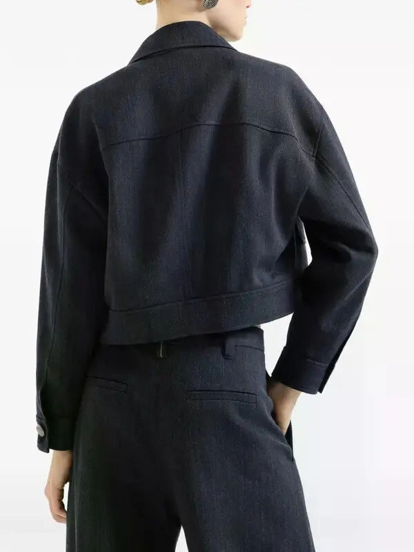 Brunello Cucinelli Virgin Wool Crêpe Chevron Cropped Jacket With Monili