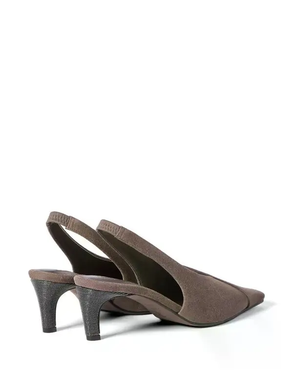Brunello Cucinelli Suede Slingback Pumps With Monili Embellished Heel - Brown
