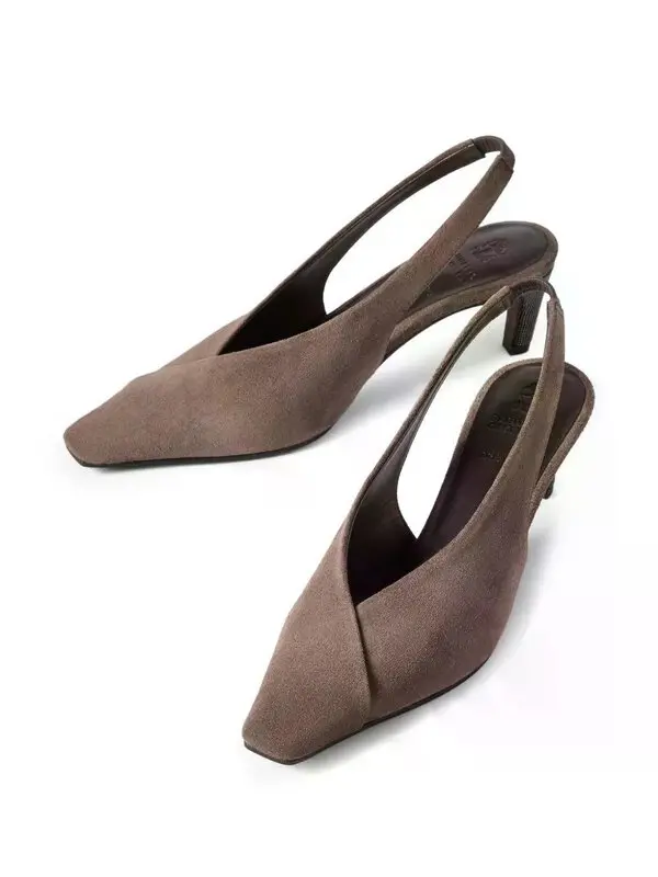 Brunello Cucinelli Suede Slingback Pumps With Monili Embellished Heel - Brown