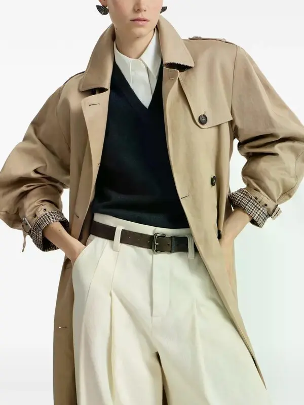 Brunello Cucinelli Cotton And Linen Twill Trench Coat With Monili Embellishment