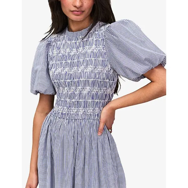 RO&ZO Shirred-bodice Striped Woven Midi Dress - Blue