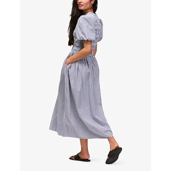 RO&ZO Shirred-bodice Striped Woven Midi Dress - Blue