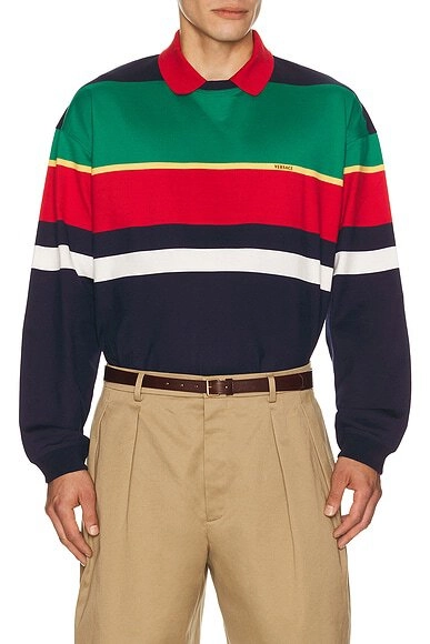 Versace Heavy Striped Cotton Jersey Long Sleeve Polo With Embroidered Logo