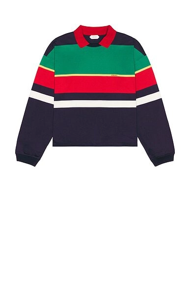 Versace Heavy Striped Cotton Jersey Long Sleeve Polo With Embroidered Logo