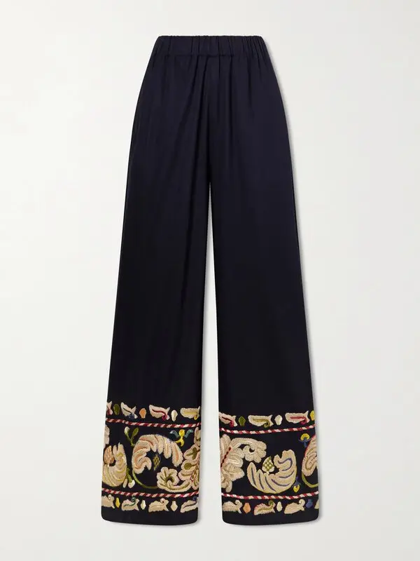 BODE Feather Runner Embroidered Cotton-blend Flared Trousers - Black