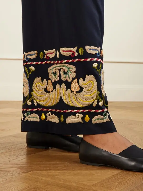 BODE Feather Runner Embroidered Cotton-blend Flared Trousers - Black