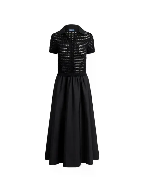 Polo Ralph Lauren Crochet Knit Collared Cotton A-line Dress - Black