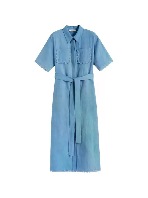 Chinti & Parker Scallop Trim Belted Shirt Midi Dress - Blue