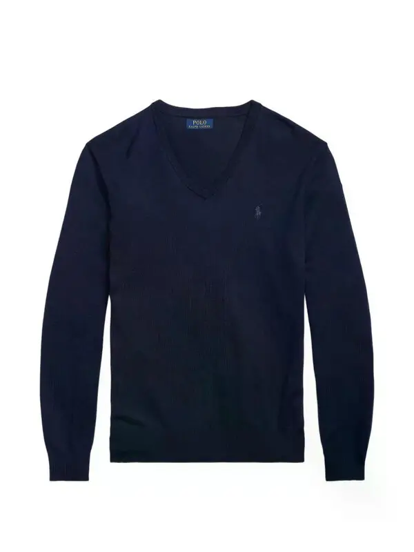Polo Ralph Lauren V-neck Fine Knit Sweater With Embroidered Logo - Blue