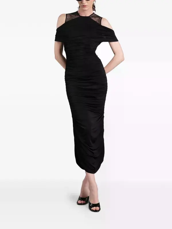 MARINE SERRE Ruched Off-shoulder Dress With Moon Print Mesh Panels