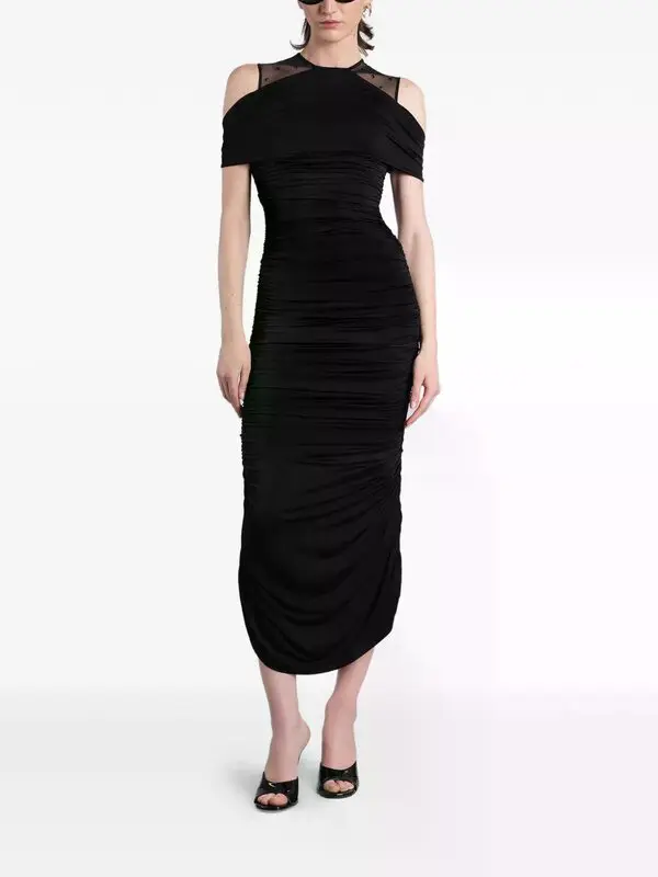 MARINE SERRE Ruched Off-shoulder Dress With Moon Print Mesh Panels