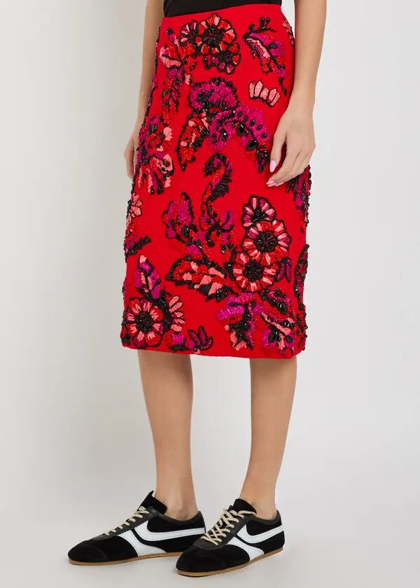 Dries Van Noten Floral Embellished Woven Midi Skirt