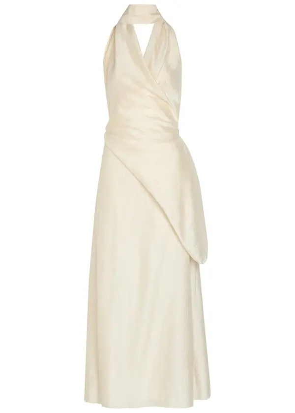 SOLAQUA Antonella Embroidered Draped Maxi Dress - Ivory
