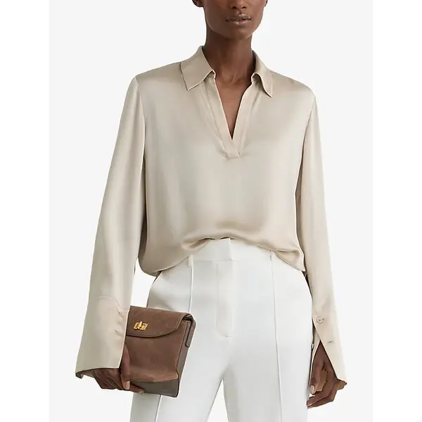 REISS Marina Silk Open-collar Blouse - Neutral