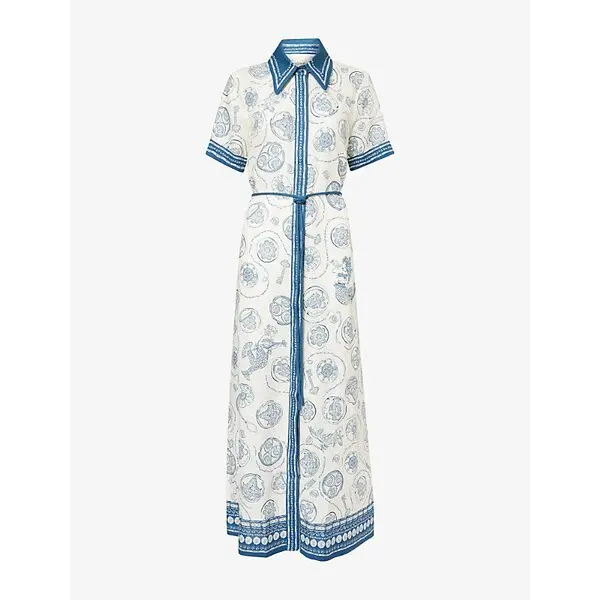 ALEMAIS Graphic Pattern Linen Midi Shirt Dress - Ivory