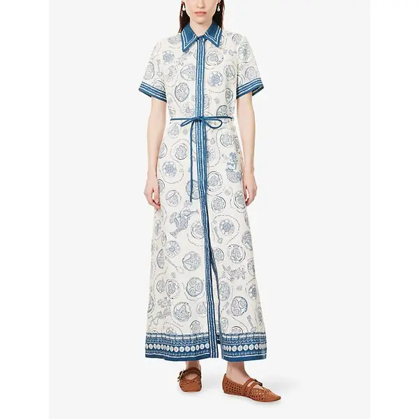 ALEMAIS Graphic Pattern Linen Midi Shirt Dress