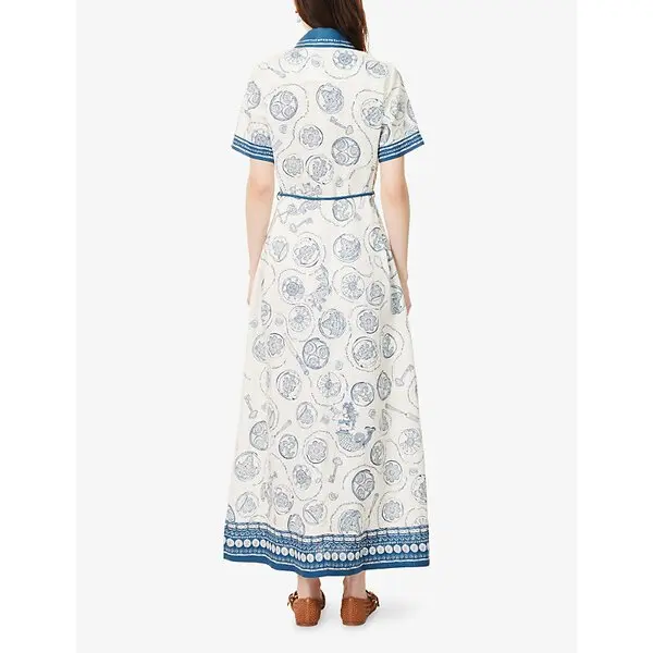 ALEMAIS Graphic Pattern Linen Midi Shirt Dress