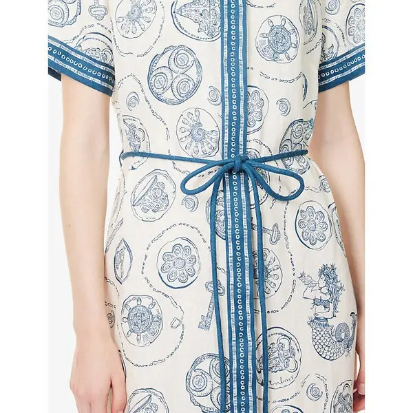 ALEMAIS Graphic Pattern Linen Midi Shirt Dress