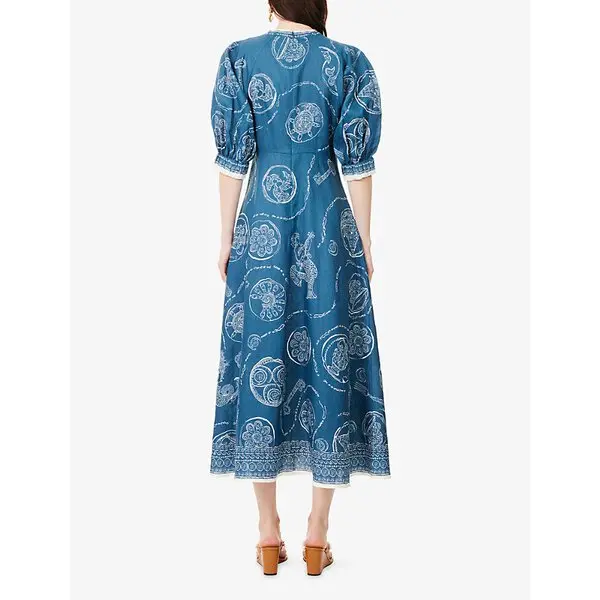 ALEMAIS Lucky Short-sleeve Graphic Linen Midi Dress