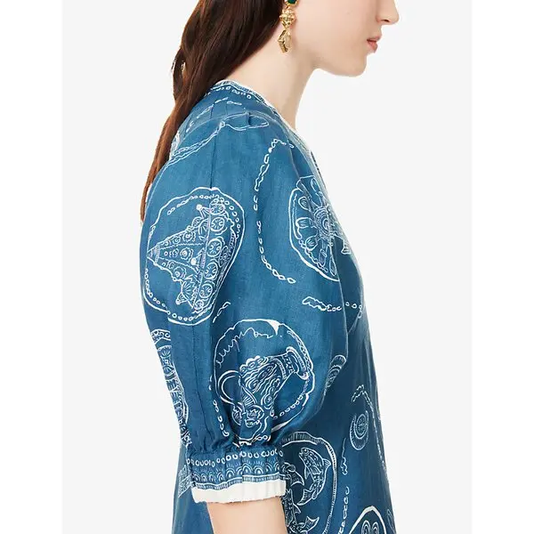 ALEMAIS Lucky Short-sleeve Graphic Linen Midi Dress