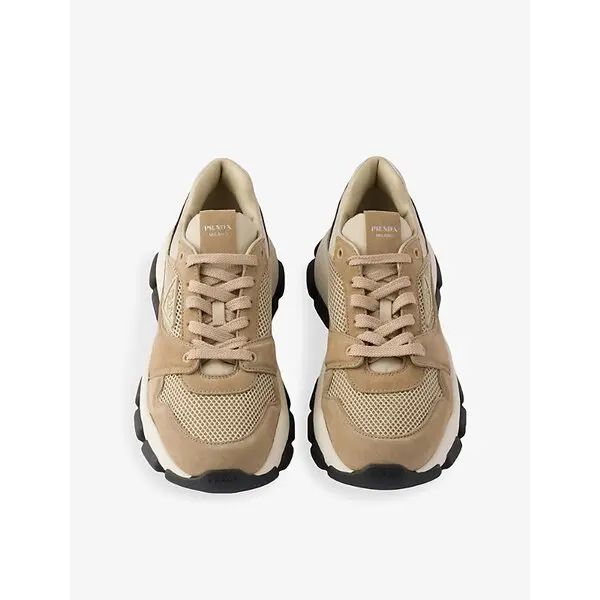 Prada Panelled Mesh And Suede Lace-up Trainers - Neutral
