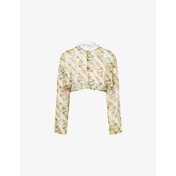 HYPHEN Butterfly-print Cropped Sheer Top