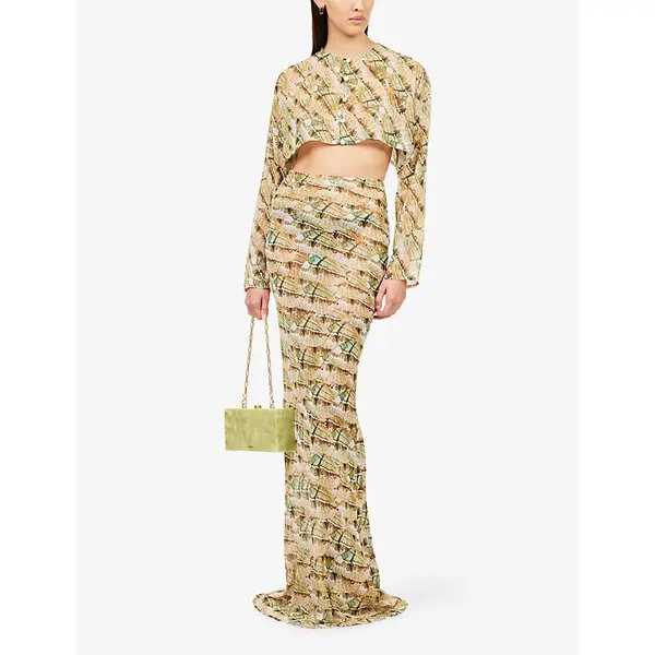 HYPHEN Butterfly-print Cropped Sheer Top