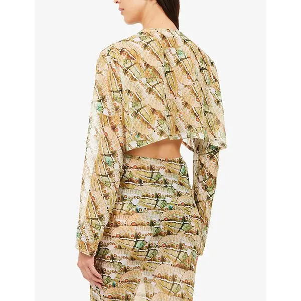 HYPHEN Butterfly-print Cropped Sheer Top
